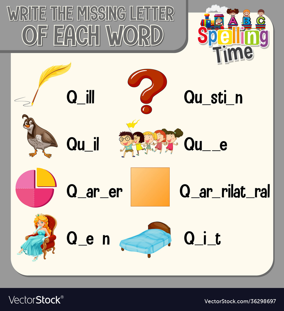 Write missing letter each word worksheet Vector Image
