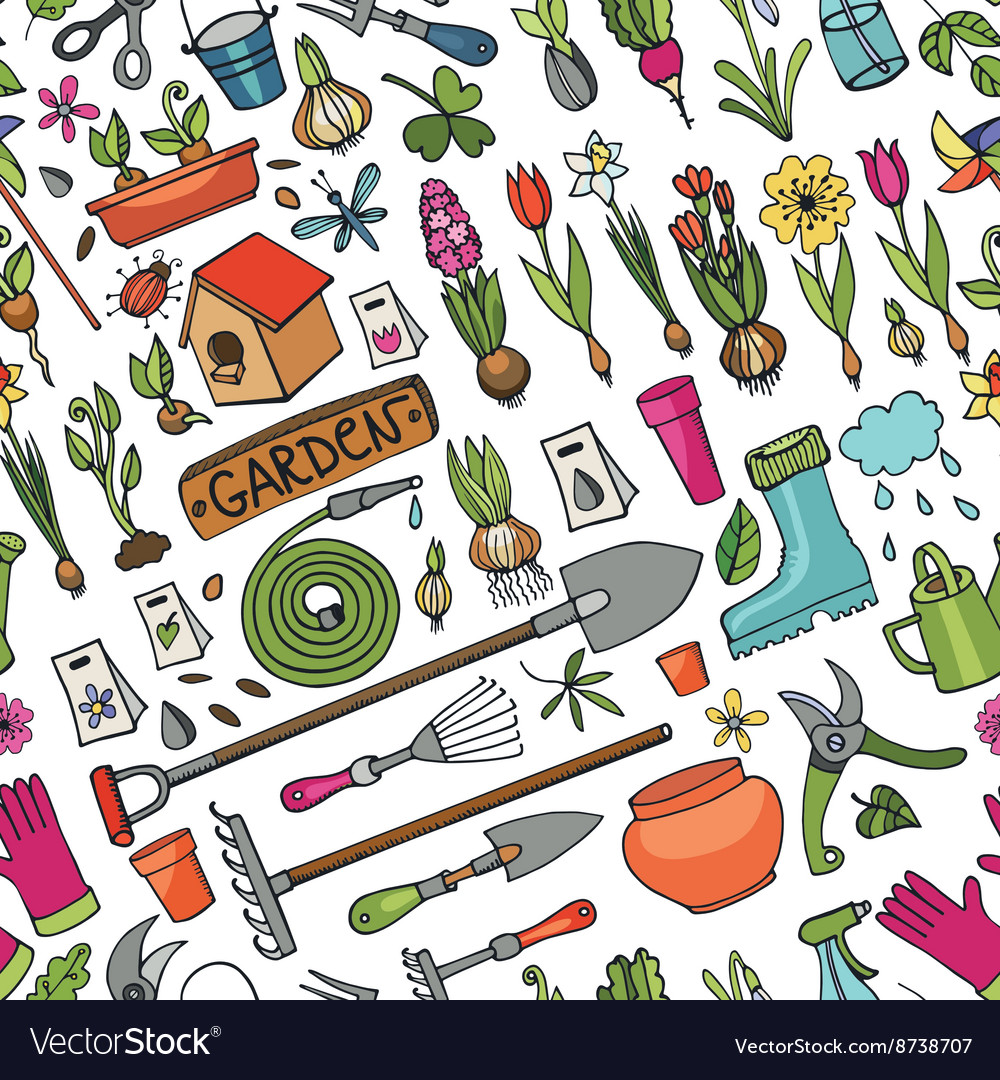 Spring garden doodle seamless patterncolored Vector Image