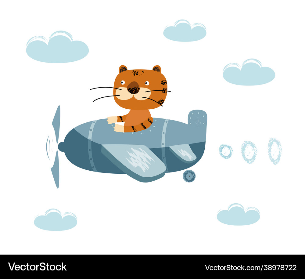 A cute tiger flies on plane among clouds Vector Image