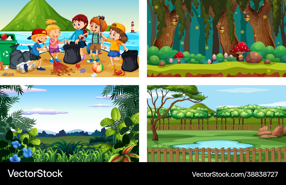 Four different scenes with children cartoon Vector Image