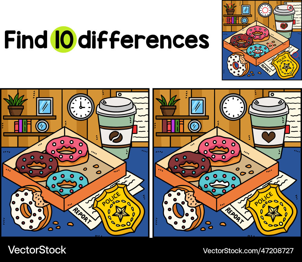 Police badge donuts coffee find the differences Vector Image