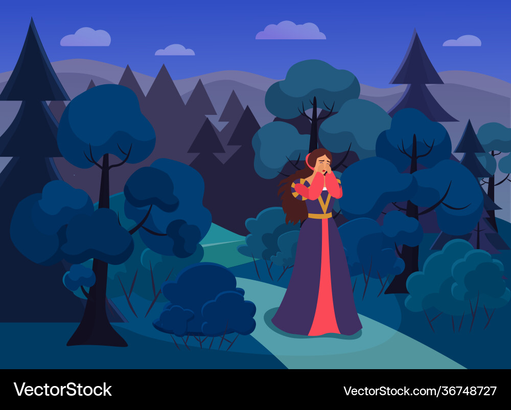 Princess crying in night scary forest waiting Vector Image
