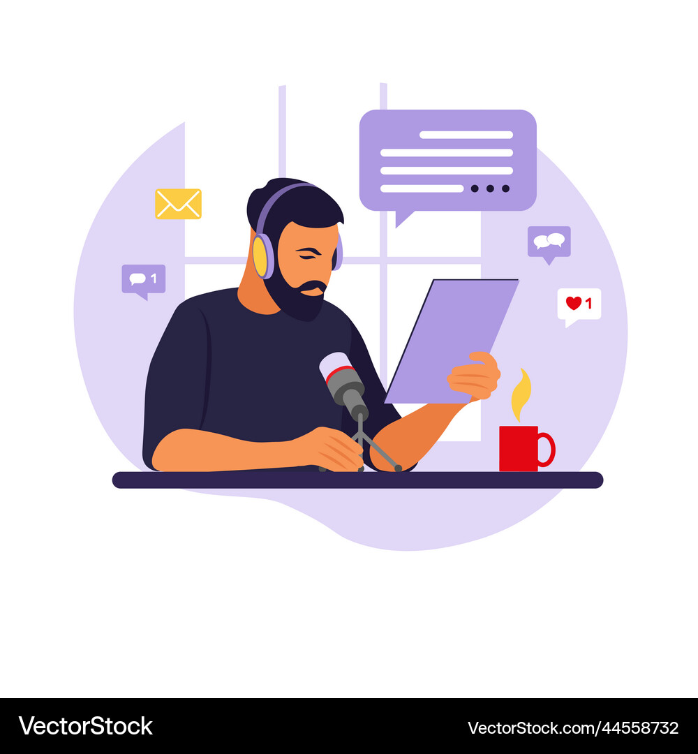 Male podcaster talking to microphone recording Vector Image