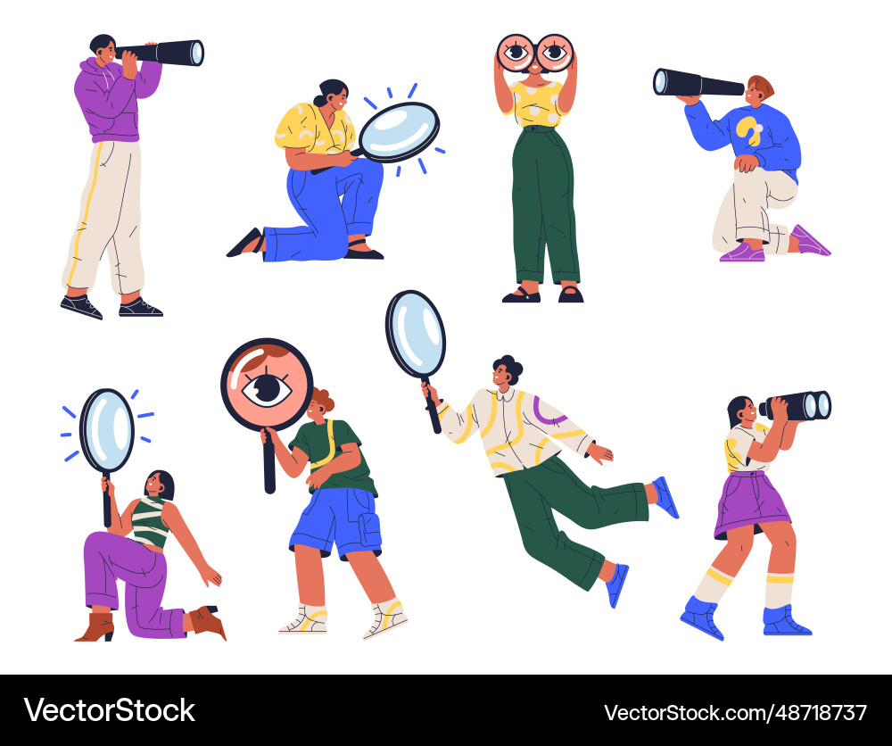 People searching with magnifying glass binoculars Vector Image