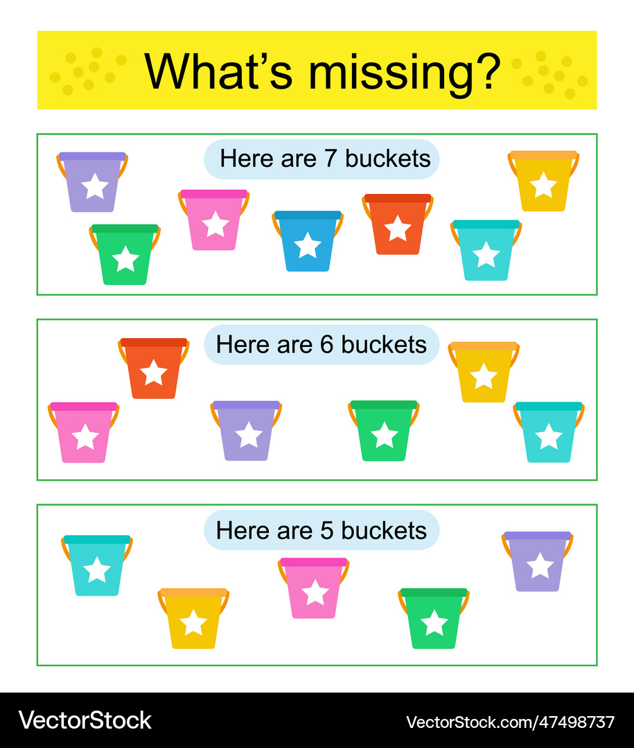 Puzzle game for kids find the missing buckets Vector Image