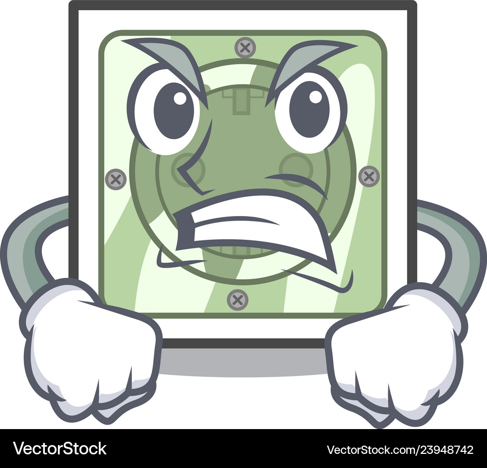 Angry power socket on wooden cartoon table Vector Image