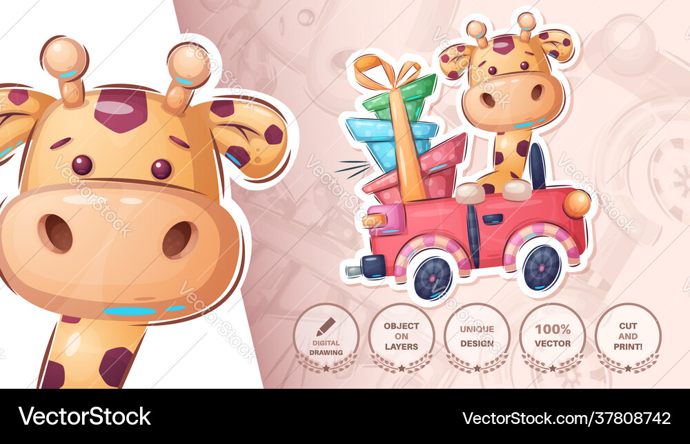 Giraffe in car - cte sticker Royalty Free Vector Image