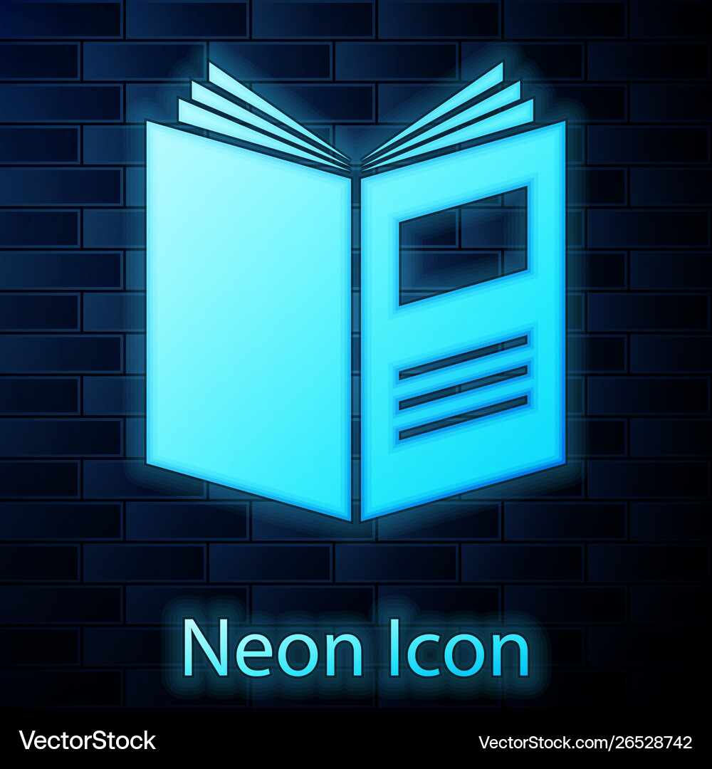 Glowing neon open book icon isolated on brick wall