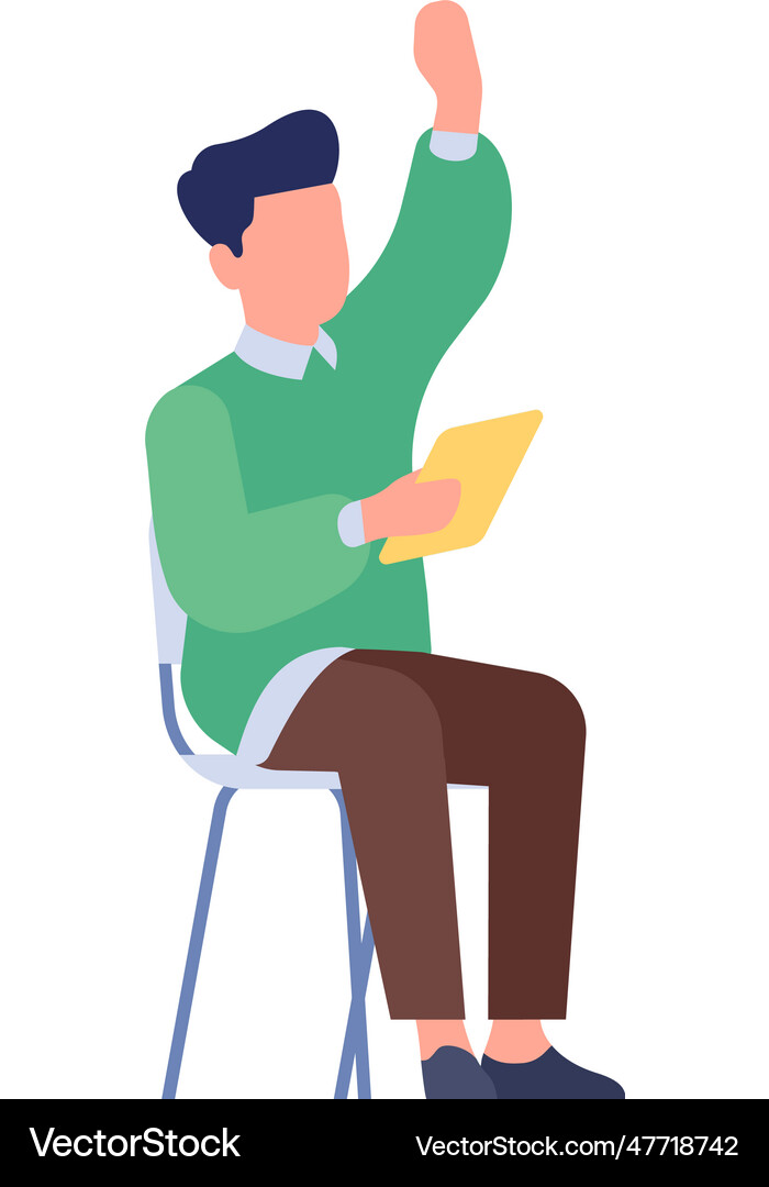 Student with raised hand young man holding paper Vector Image