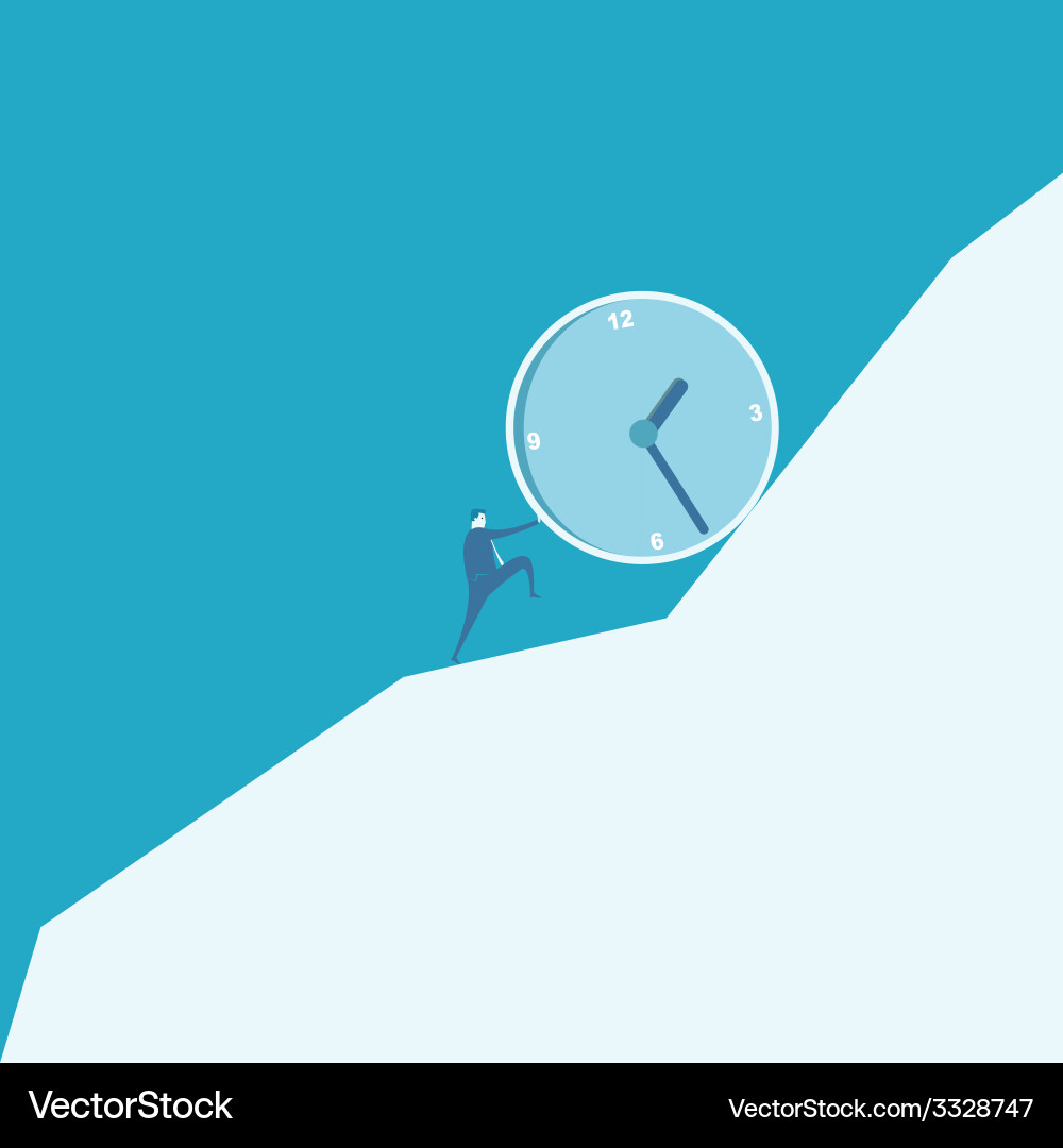 Business man pushing a huge clock up hill Vector Image