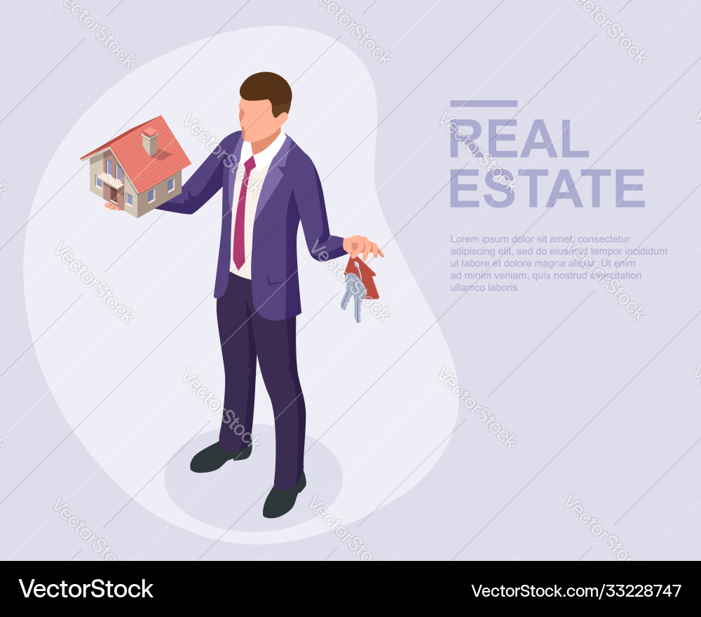 Isometric real estate agent with house model Vector Image
