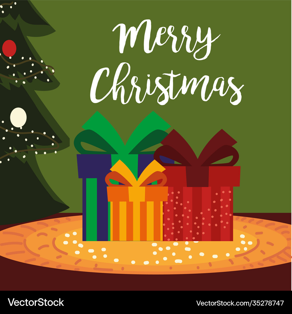 Merry christmas gift boxes with tree and snow Vector Image