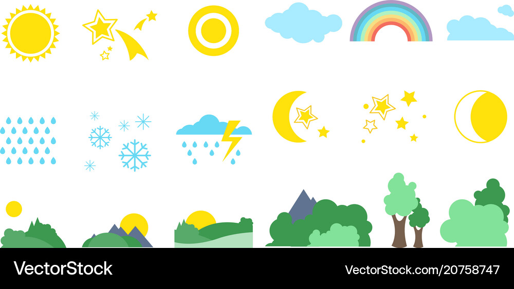 Natural objects set weather and meteorology signs Vector Image