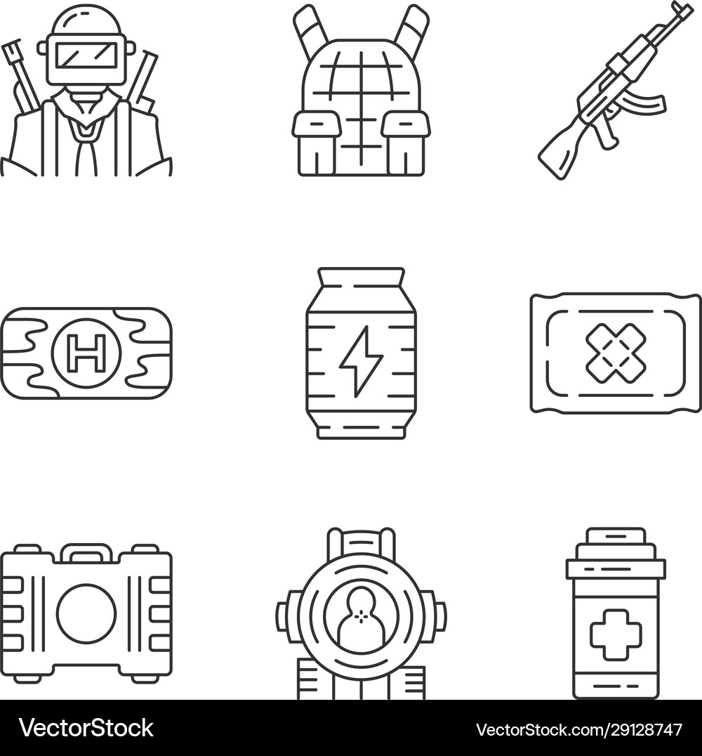 Online game inventory linear icons set soldier Vector Image