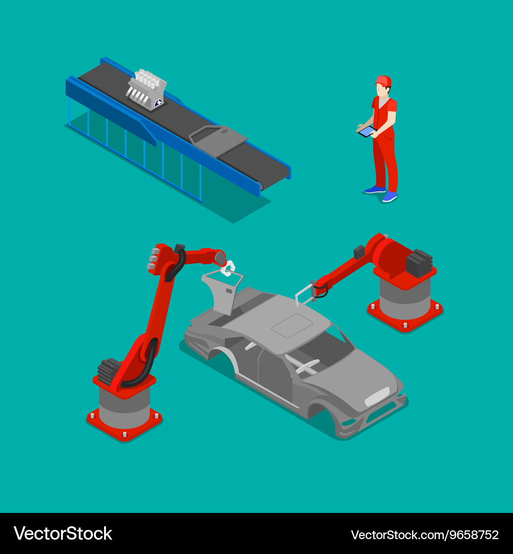 Isometric car production assembly line factory Vector Image