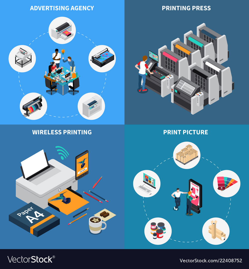 Printing house isometric concept Royalty Free Vector Image