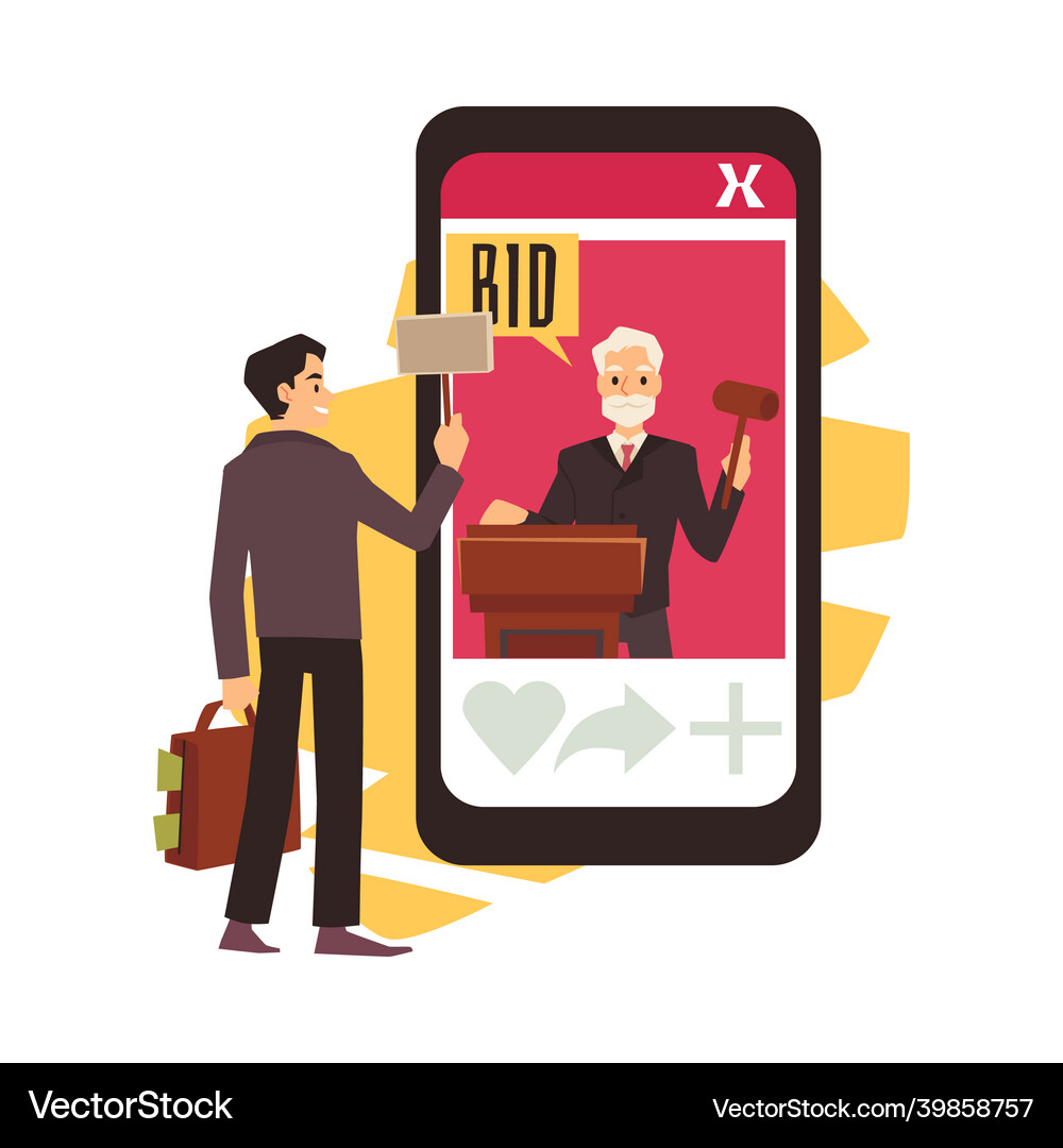 Online auction banner with man placing bids flat Vector Image
