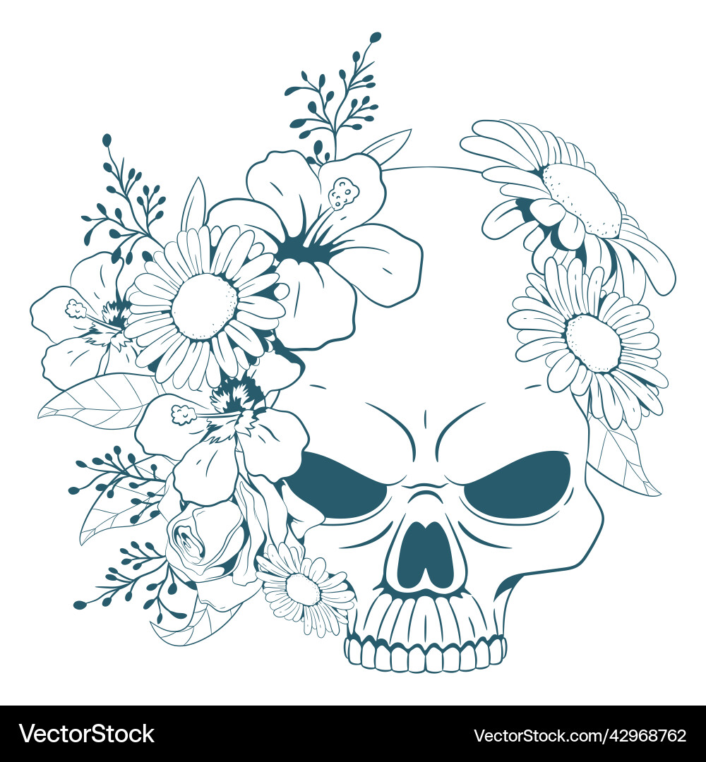 Angry floral skull line art Royalty Free Vector Image