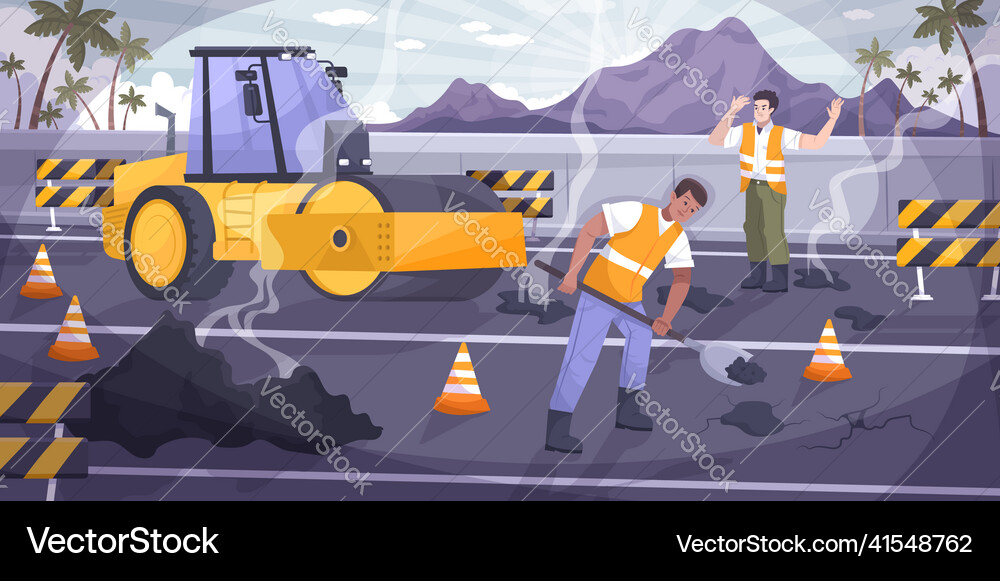 Road repair flat composition Royalty Free Vector Image