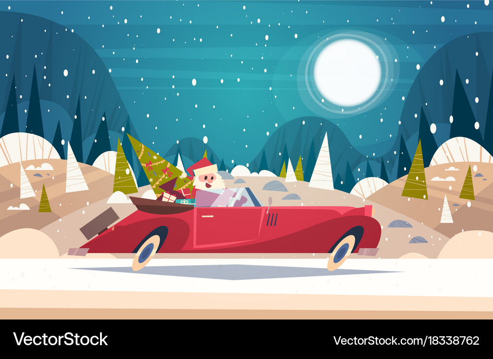 Santa driving retro car with green tree Royalty Free Vector