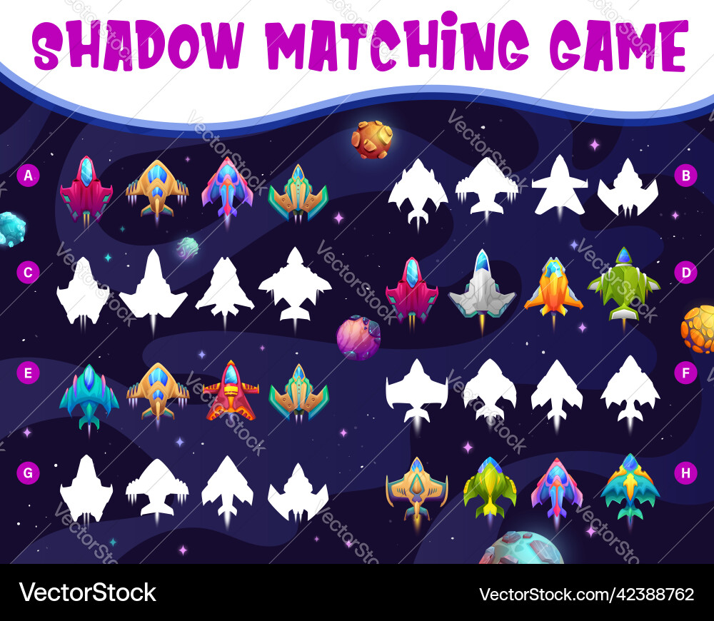 Shadow match game space shuttles starships riddle Vector Image