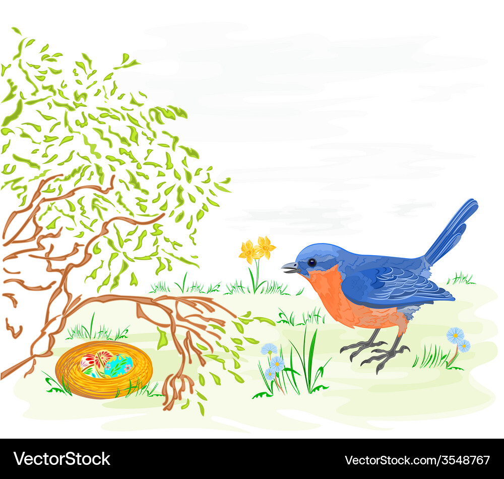 Easter bird with daffodils and eggs Royalty Free Vector