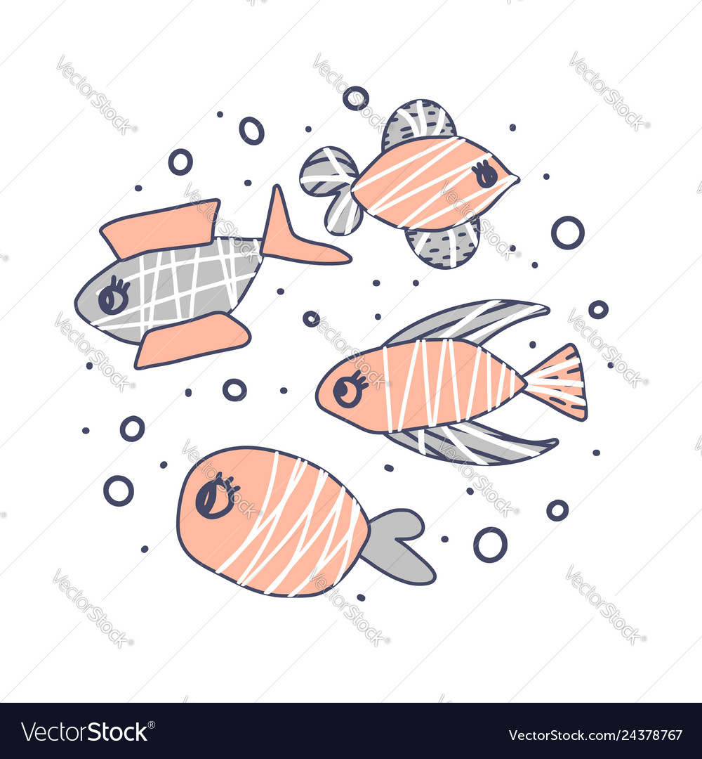 Fish collection isolated in doodle style Vector Image