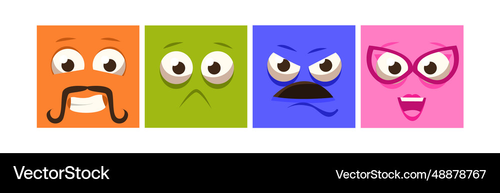 Funny colorful square emoji faces and comic Vector Image