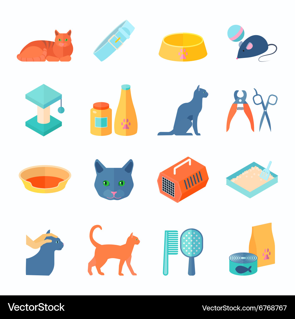 Healthy indoor cat flat icons set Royalty Free Vector Image