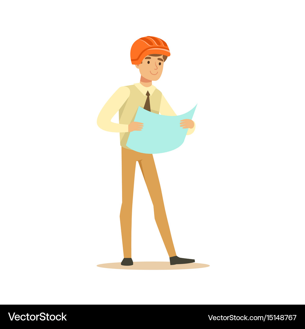 Smiling architect in orange helmet holding Vector Image