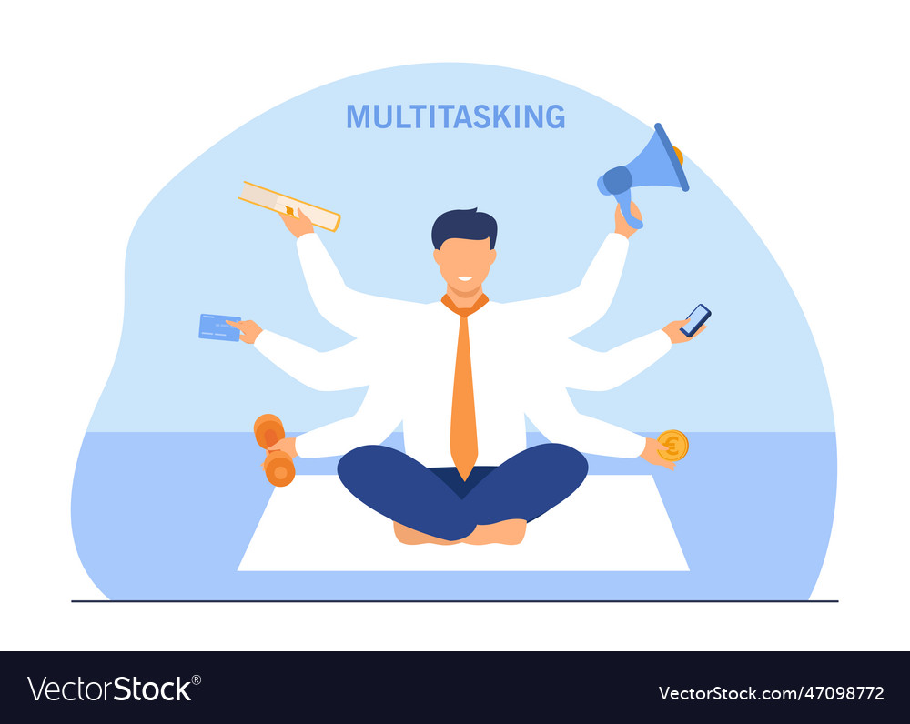 Businessman doing many tasks simultaneously Vector Image Businessman doing many tasks simultaneously Vector Image