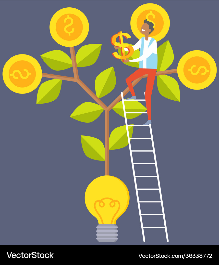 Man collects dollars from money tree guy stands Vector Image