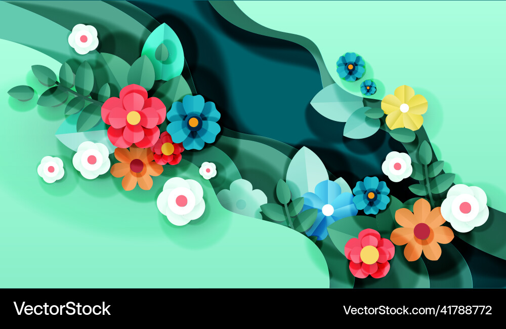 Paper cut flowers and leaves spring background Vector Image