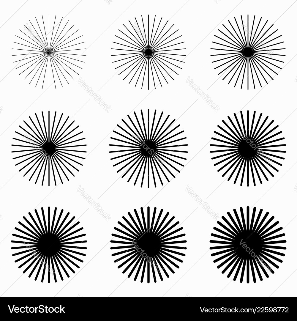 Set of 9 radial radiating lines elements circular Vector Image