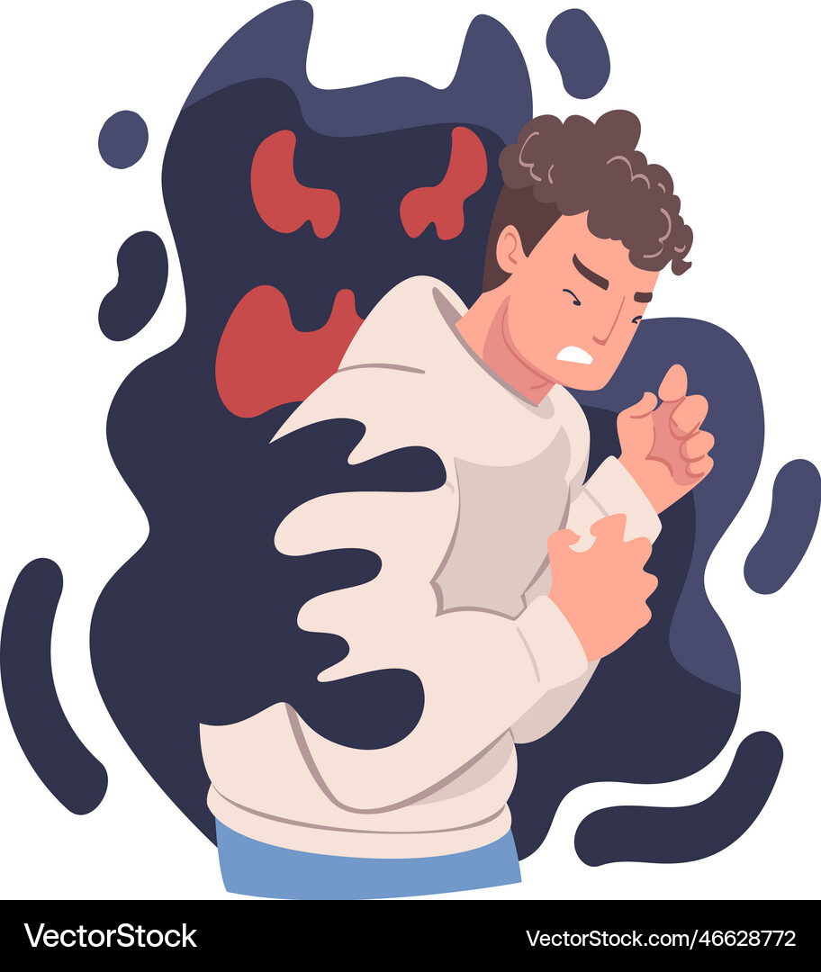 Young man feeling anger and malice grasped by dark