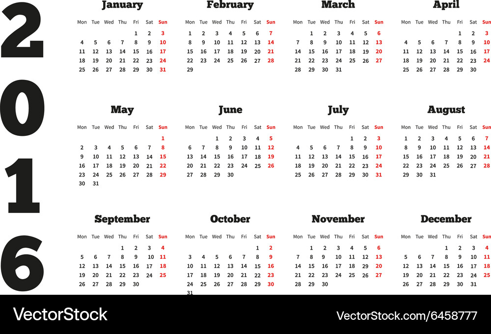 Calendar on 2016 year with week starting from Vector Image