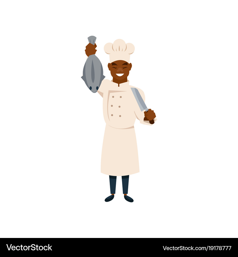 Cook character with knife and fish in hands Vector Image