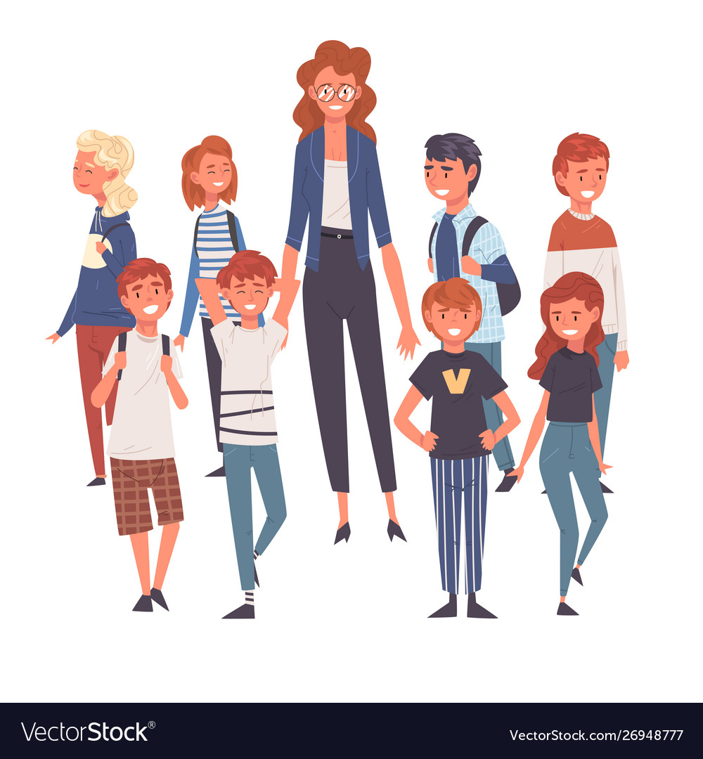 Smiling female teacher standing with group Vector Image
