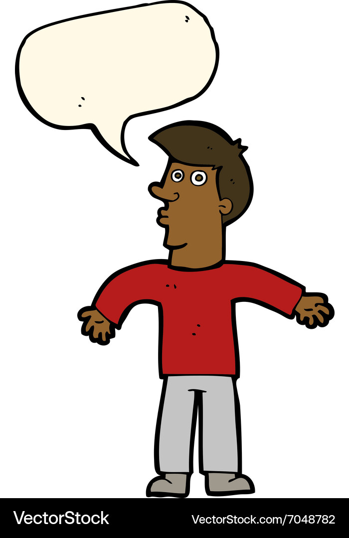 Cartoon man shrugging shoulders with speech bubble