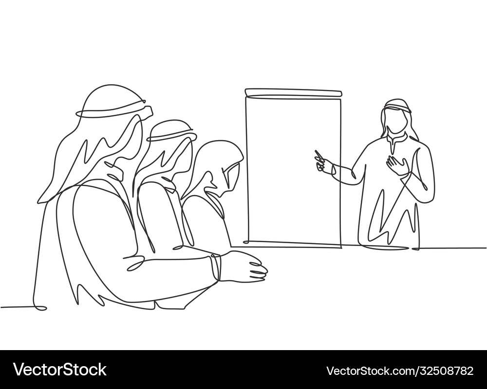 One single line drawing young happy muslim Vector Image