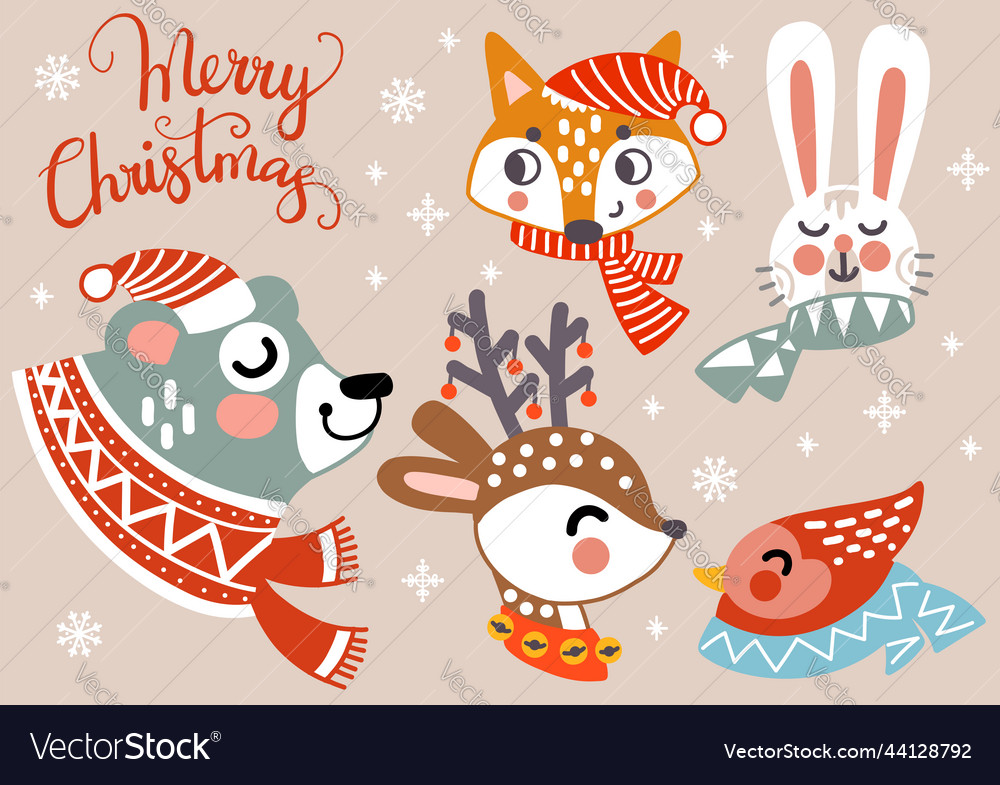 Merry christmas card with cute animal heads Vector Image