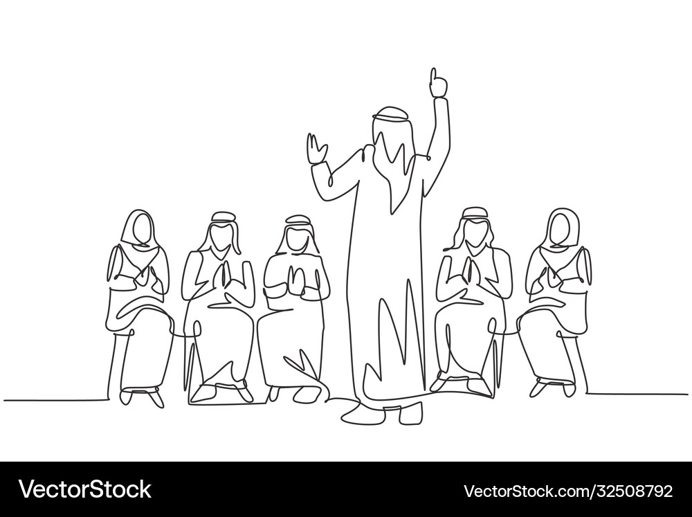 One single line drawing young happy muslim Vector Image