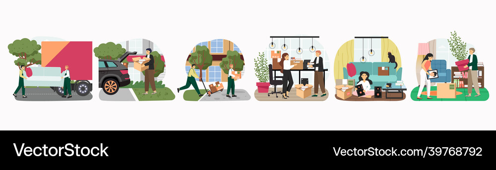 People move to new house pack things loaders Vector Image
