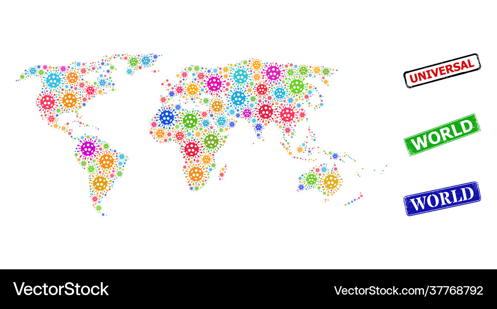 Rubber world stamps and bright bacilla world map Vector Image