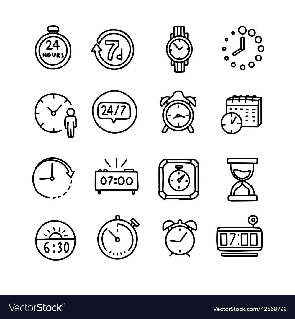 Set of time clock icons outline doodle Royalty Free Vector