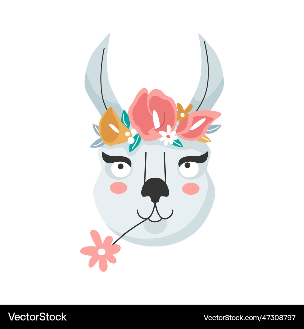 Lama head with flower crown cute Royalty Free Vector Image