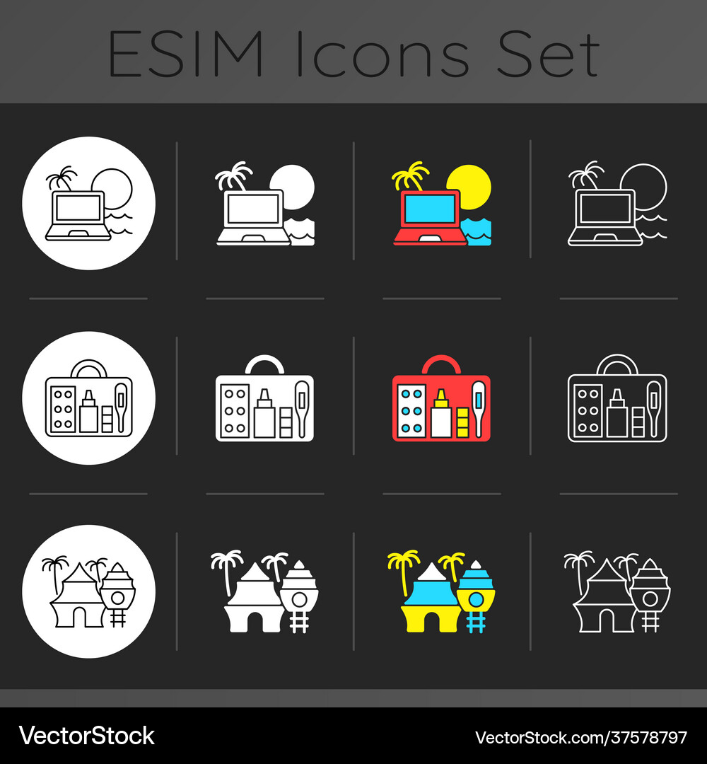 Nomadic lifestyle dark theme icons set Royalty Free Vector