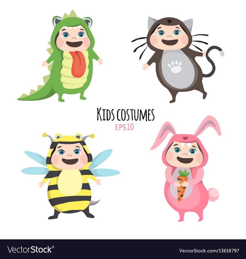Set cute kids wearing animal costumes isolated Vector Image