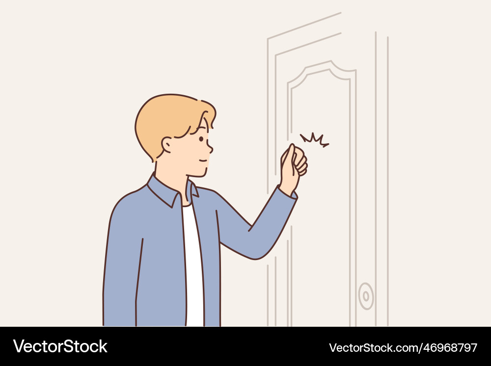 Young man knocks on door when comes to visit Vector Image