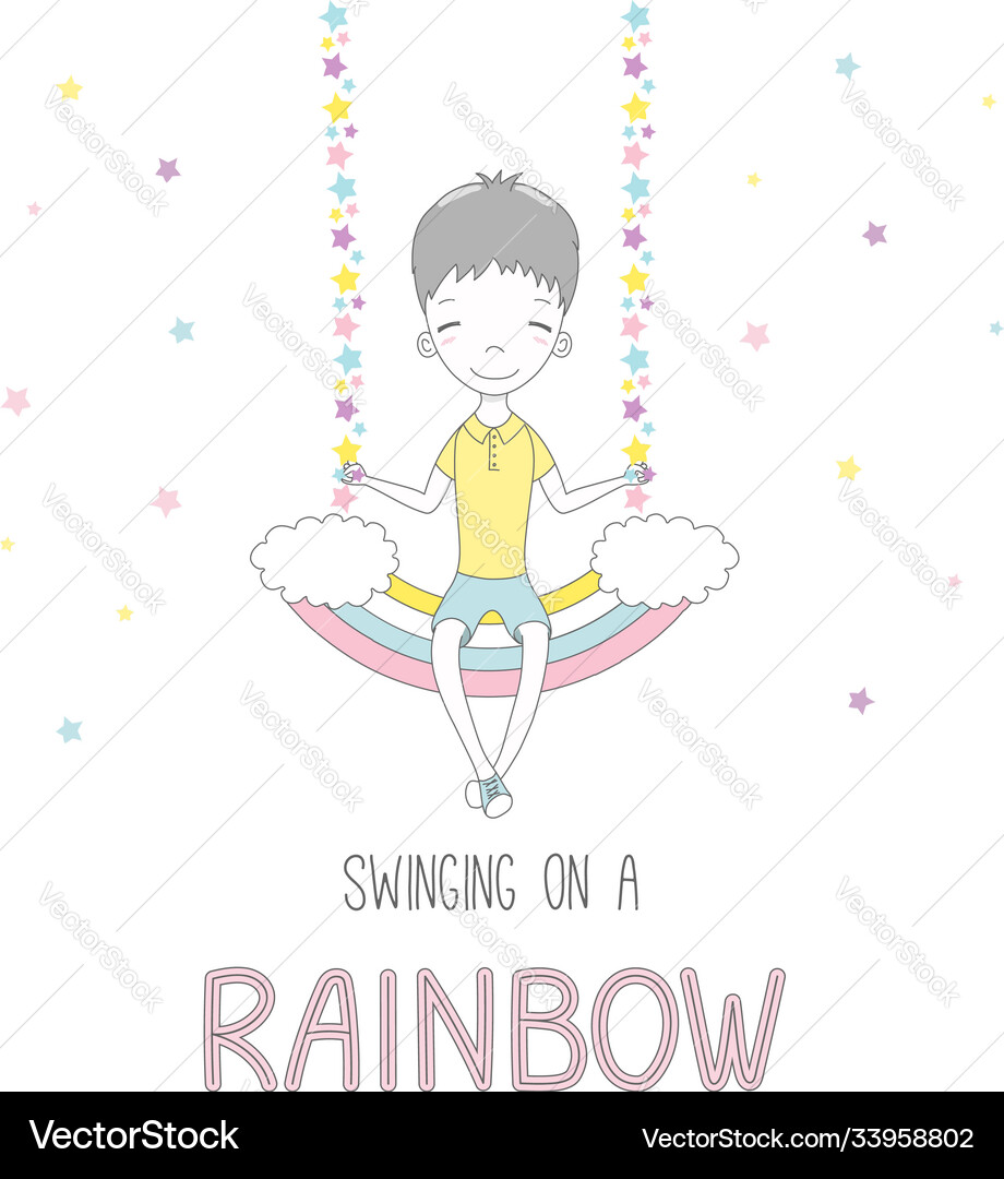 Cute little boy swinging on a rainbow Royalty Free Vector